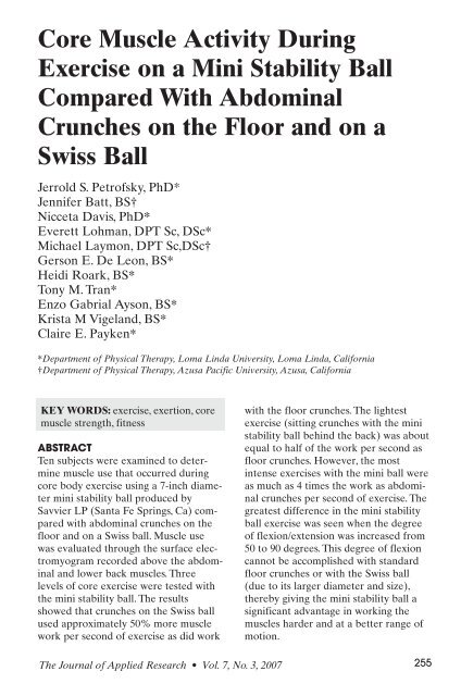 Core Muscle Activity During Exercise on a Mini Stability Ball ...