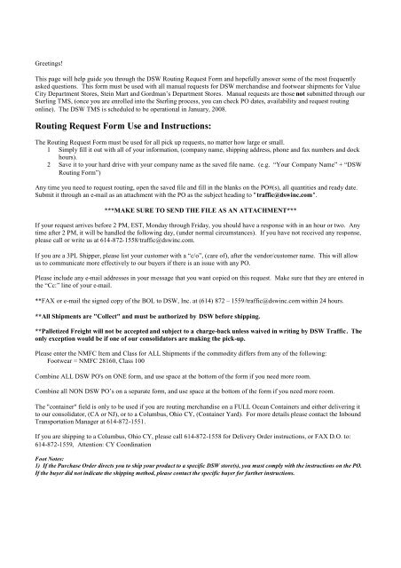 Routing Request Form Use and Instructions: - DSW Inc