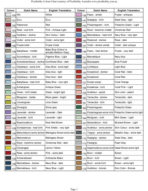 Pixelhobby Colour Chart courtes