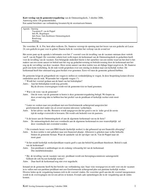 Kort verslag van de gemeentevergadering van de ... - PKN Rhenen