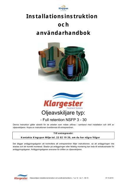 Klargester Oljeavskiljare Installation och manual