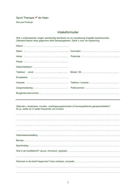 intake formulier - Sport therapie - de Haan