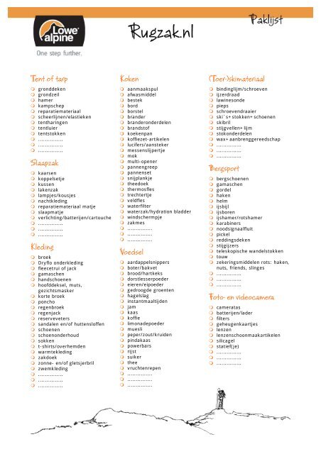 Paklijst voorbeeld - Rugzak.nl