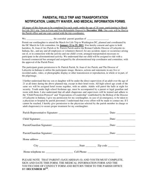 parental field trip and transportation notification, liability waiver ...