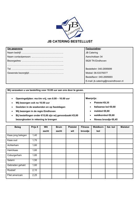 JB CATERING BESTELLIJST