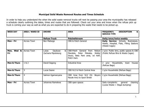 Municipal Solid Waste Removal Routes and Times Schedule In ...