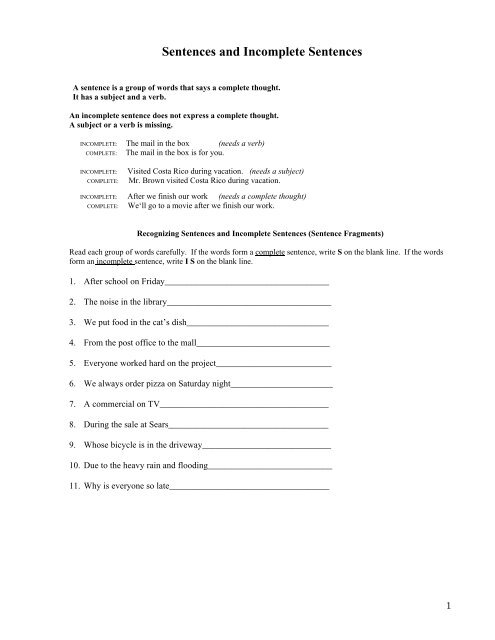 Sentences and Incomplete Sentences