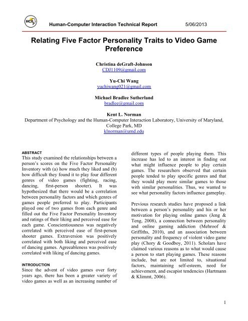 Relating Five Factor Personality Traits to Video Game Preference