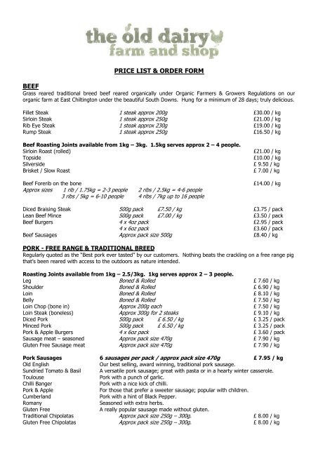 PRICE LIST & ORDER FORM BEEF - The Old Dairy Farm & Shop
