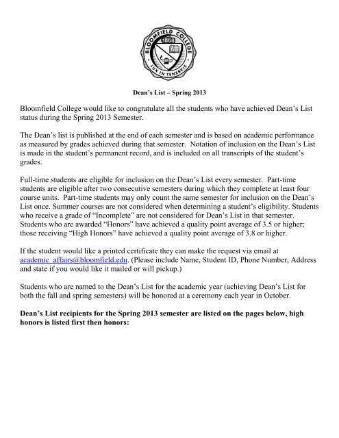 Spring 2013 Dean's List - Bloomfield College