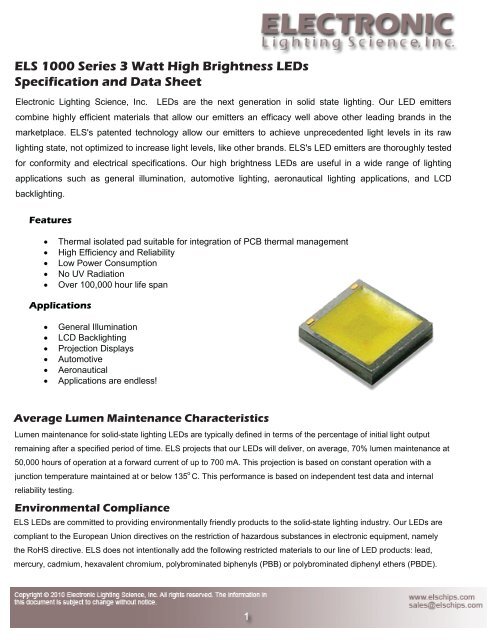 ELS 100 Series- 3 watt LED Specifications - Electronic Lighting ...