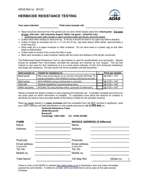 Herbicide Resistance Testing form - Adas