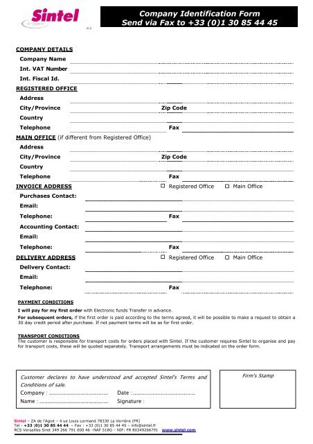 Company Identification Form Send via Fax to +33 (0)1 30 85 ... - Sintel