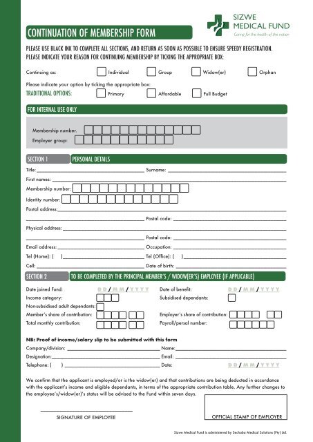 CONTINUATION OF MEMBERSHIP FORM - Sizwe Medical Fund