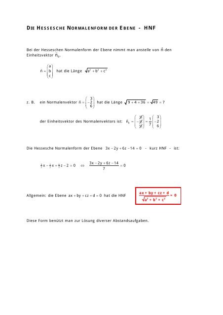 DIE HESSESCHE NORMALENFORM DER EBENE - HNF