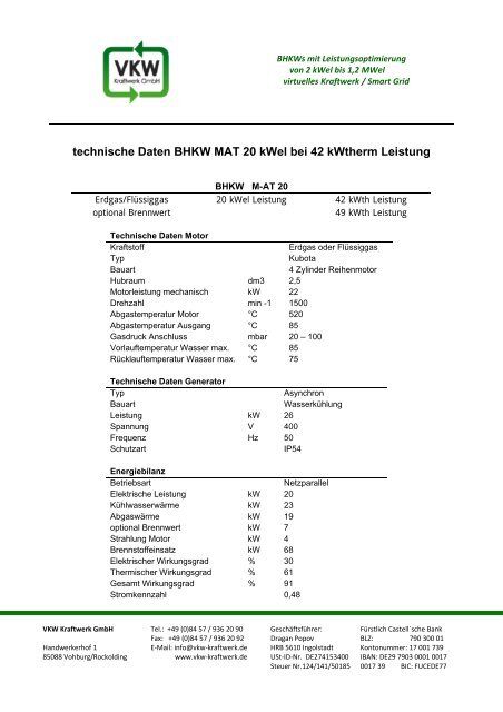 technische Daten BHKW - VKW-KRAFTWERK GmbH