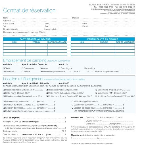 Contrat de réservation ents veau - Camping L'Ocean