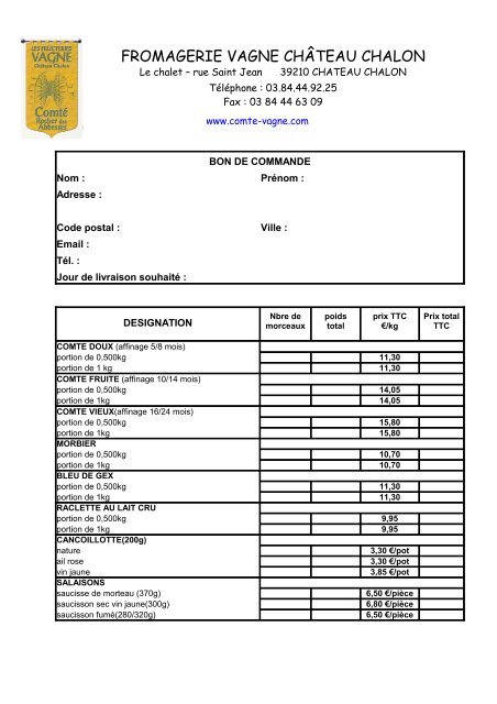 Téléchargez notre bon de commande. - Fromagerie Vagne