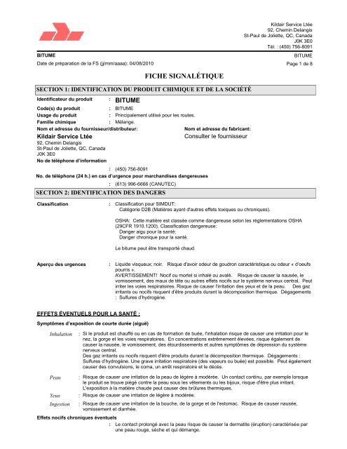 FICHE SIGNALÉTIQUE - Kildair Service LTÉE