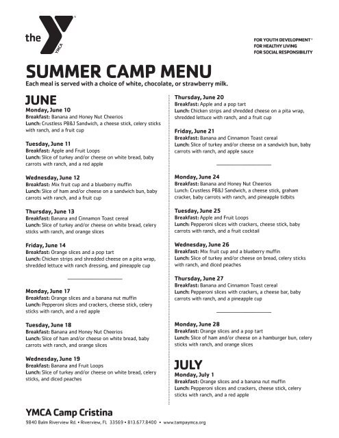 SUMMER CAMP MENU - YMCA Camp Cristina