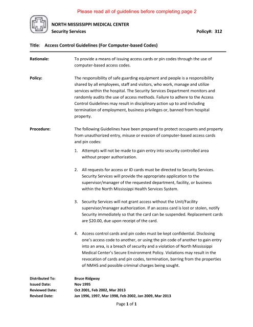 Security Badge Access Form - North Mississippi Health Services