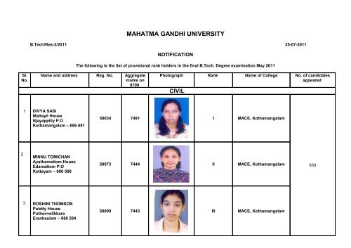The list of provisional rank holders in the final B.Tech. Degree ...