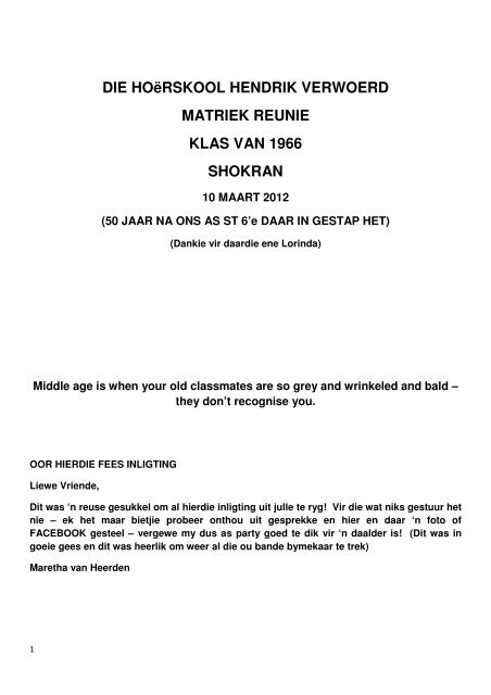 DIE HOëRSKOOL HENDRIK VERWOERD MATRIEK REUNIE KLAS ...
