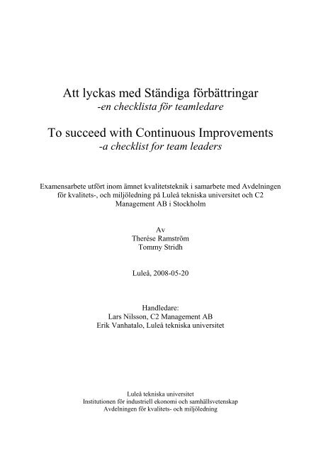 Att lyckas med Ständiga förbättringar -en checklista för ... - SFK