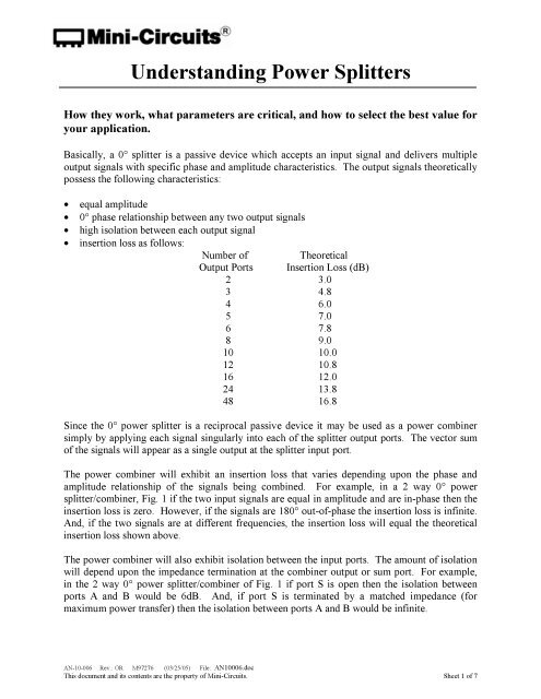 AN10-006 Understanding Power Splitters - Mini-Circuits