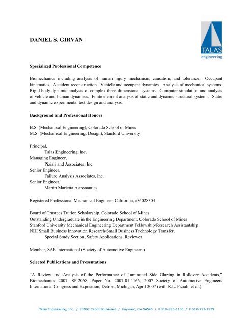Daniel S. Girvan, MS, PE - Talas Engineering, Inc.
