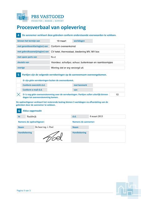 Proces Verbaal van Oplevering voorbeeld - PBS Vastgoed