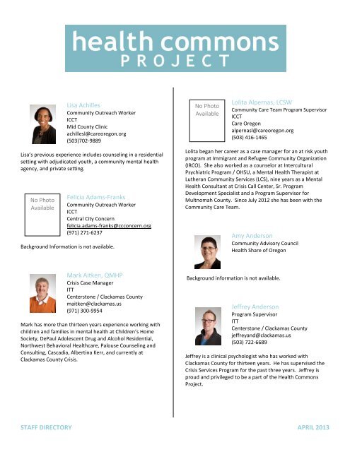 STAFF DIRECTORY APRIL 2013 Lisa Achilles Felicia Adams ...