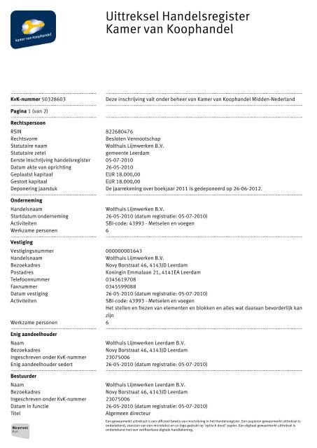 Uittreksel Handelsregister Kamer van Koophandel