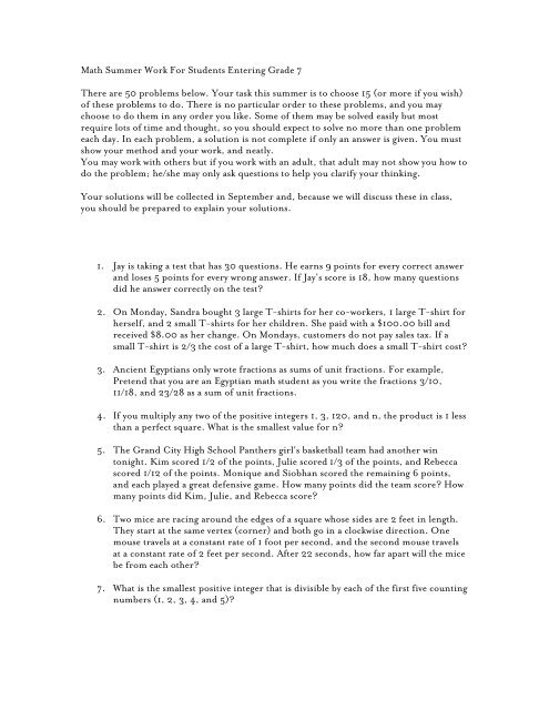 Summer Work - 7th Math - Inly School