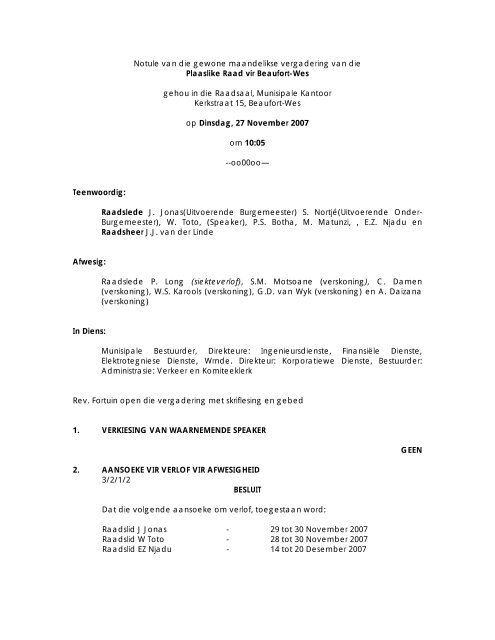 Notule van die gewone maandelikse vergadering van die