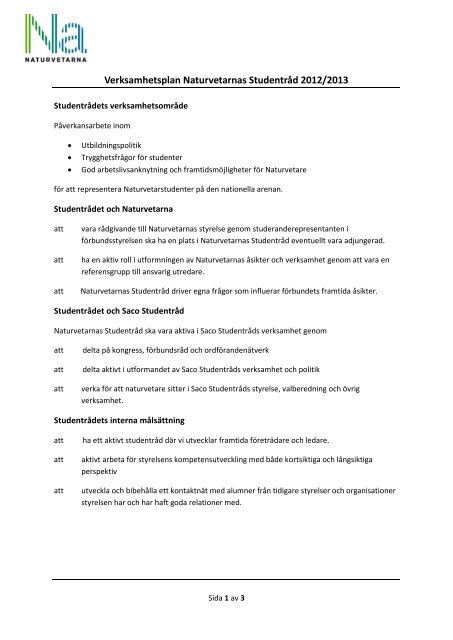 Förslag till verksamhetsplan - Naturvetarna