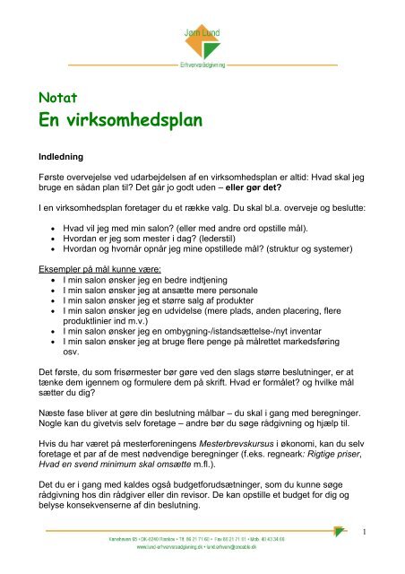 En forretningsplan - Jørn Lund Erhversrådgivning