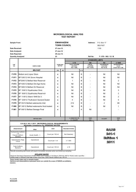 microbiological analysis test report emakhazeni town council