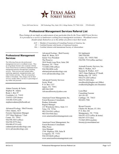 Professional Management Services Referral List - Texas Forest ...