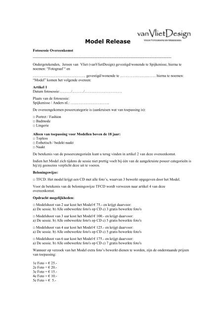 modellen contract (model release) - vanVlietDesign.nl