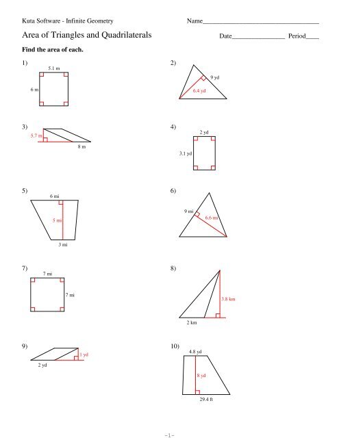 Area Of Triangles And Quadrilaterals Worksheet Pdf Triangle And