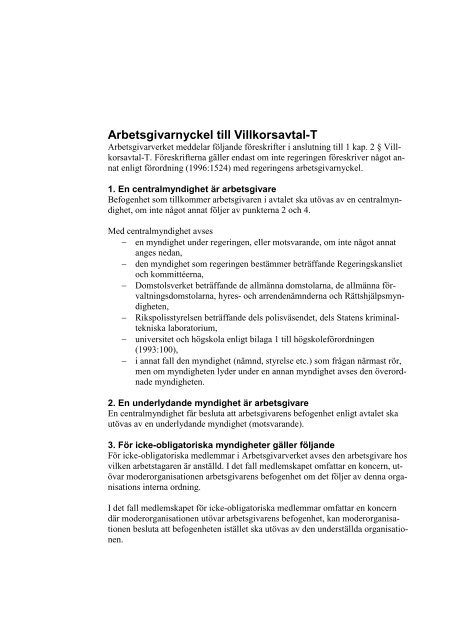 Villkorsavtal-T arbetsgivarnyckel - Arbetsgivarverket