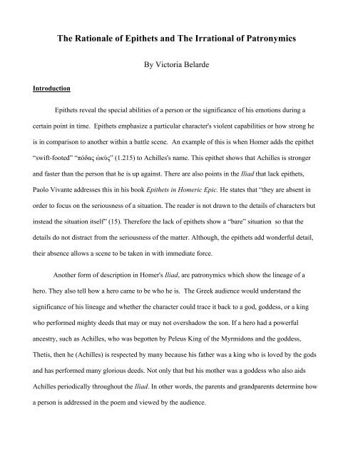 The Rationale of Epithets and The Irrational of Patronymics