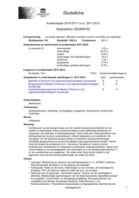 Hydraulica I - Studiegids