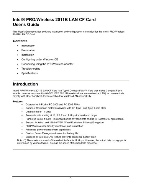 Intel® PRO/Wireless 2011B LAN CF Card User's Guide