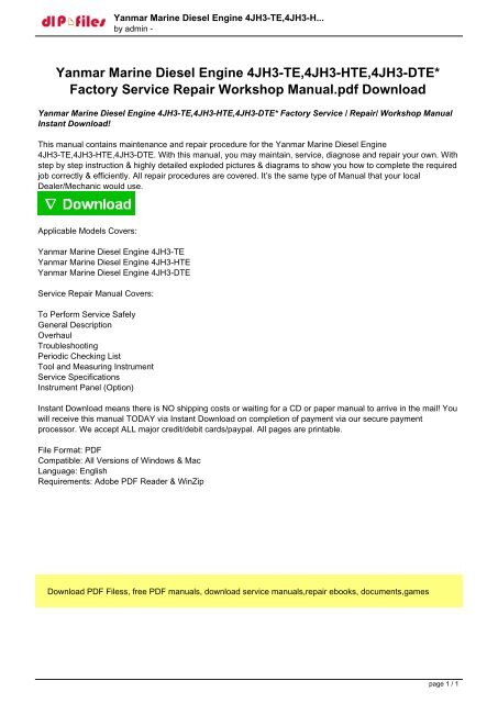 Yanmar Marine Diesel Engine 4JH3-TE,4JH3-HTE,4JH3-DTE Factory Service Repair Workshop Manual ...