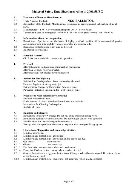Material Safety Data Sheet according to 2001/58/EG - Ballistol