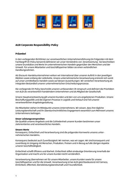 2.4 ALDI CR-Policy - ALDI SÜD - Verantwortung heißt Nachhaltigkeit