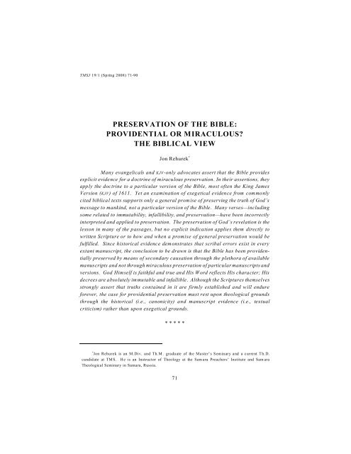 Preservation of the Bible: Providential or Miraculous? - The Master's ...