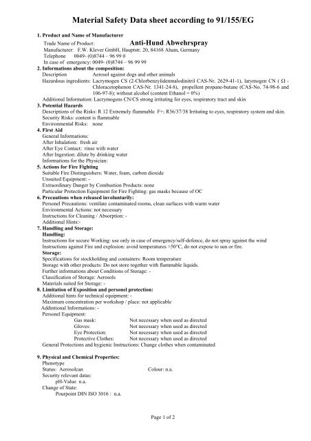 Material Safety Data sheet according to 91/155/EG - Ballistol